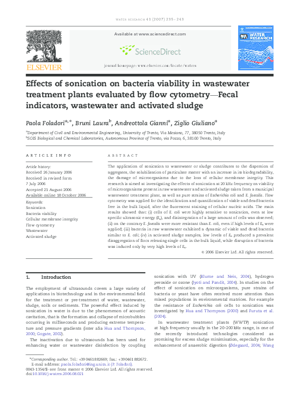 (PDF) Effects of sonication on bacteria viability in wastewater ...
