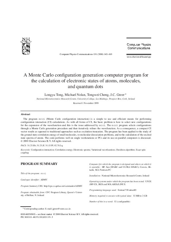 (PDF) A Monte Carlo configuration generation computer program for the calculation of electronic ...
