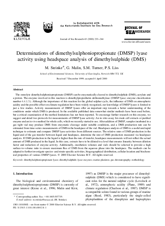 Determinations of dimethylsulphoniopropionate (DMSP) lyase activity ...