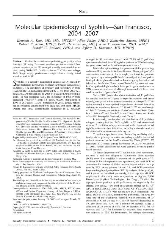 (PDF) Molecular Epidemiology of Syphilis San Francisco, 2004 2007