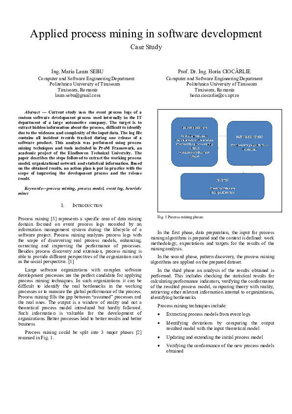 (PDF) Applied process mining in software development | Laura Sebu and Horia Ciocarlie - Academia.edu