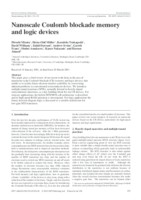 (PDF) Nanoscale Coulomb blockade memory and logic devices