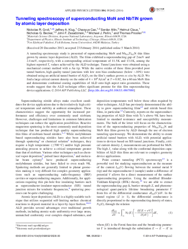 (PDF) Tunneling spectroscopy of superconducting MoN and NbTiN grown by atomic layer deposition