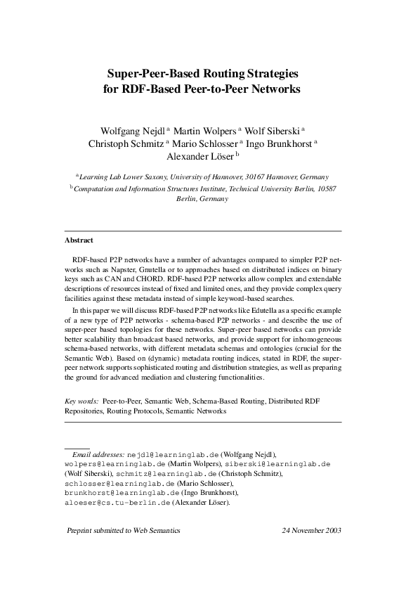 Pdf Super Peer Based Routing Strategies For Rdf Based Peer To Peer Networks