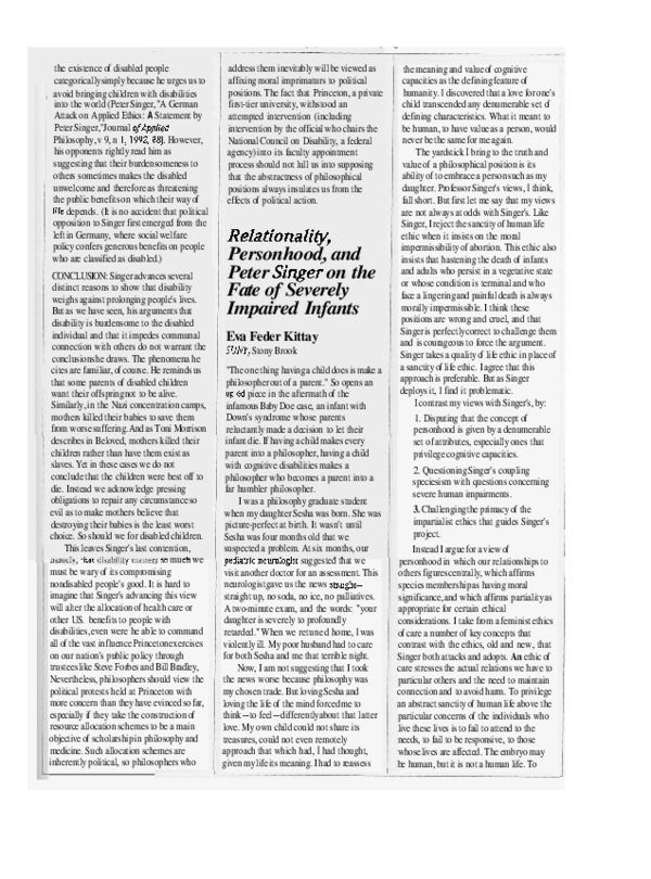 (PDF) Relationality Personhood and Peter Singer on the Fate of Severely ...