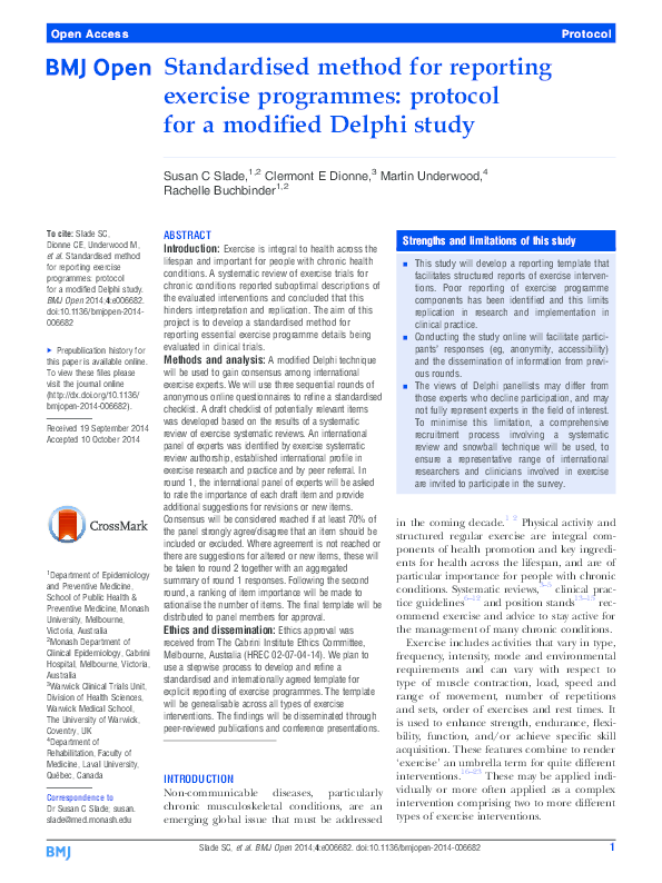 (PDF) Standardised method for reporting exercise programmes: protocol for a modified Delphi study