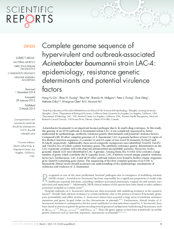 (PDF) Complete genome sequence of hypervirulent and outbreak-associated Acinetobacter baumannii ...