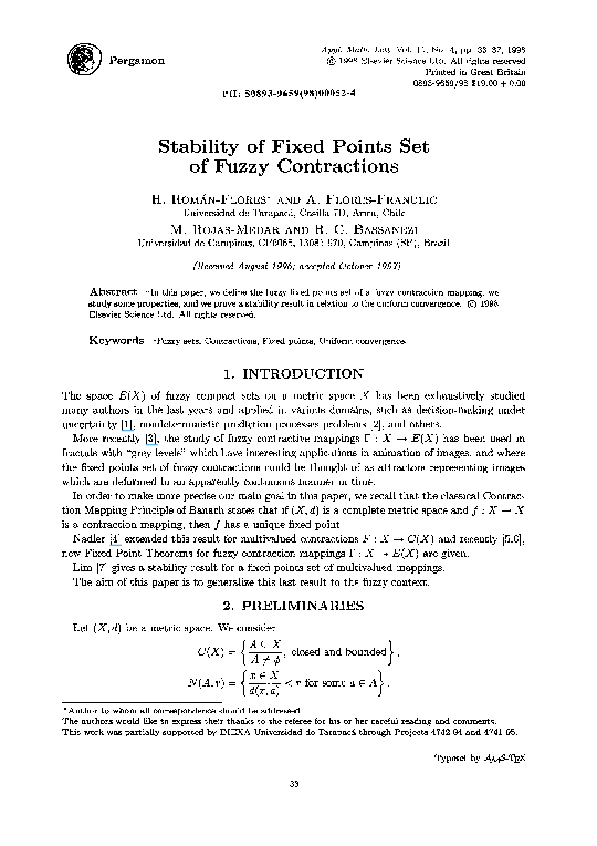 (PDF) Stability of fixed points set of fuzzy contractions