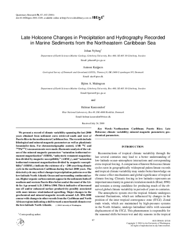(PDF) Late Holocene Changes in Precipitation and Hydrography Recorded in Marine Sediments from ...