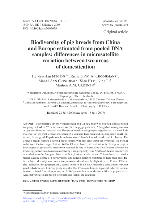 (PDF) Biodiversity of pig breeds from China and Europe estimated from pooled DNA samples ...
