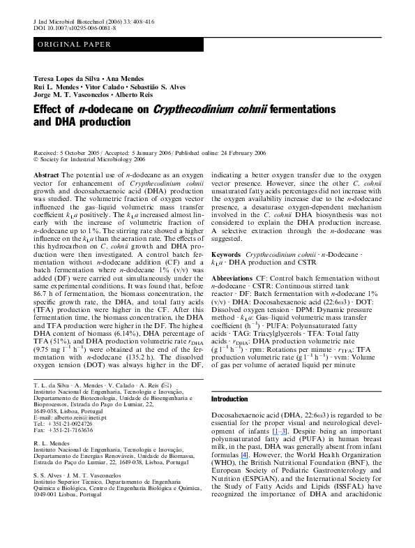 (PDF) Effect of n-dodecane on Crypthecodinium cohnii fermentations and ...