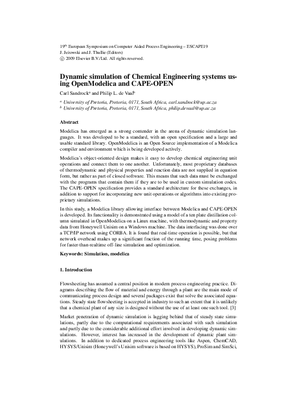 (PDF) Dynamic simulation of Chemical Engineering systems using OpenModelica and CAPE-OPEN