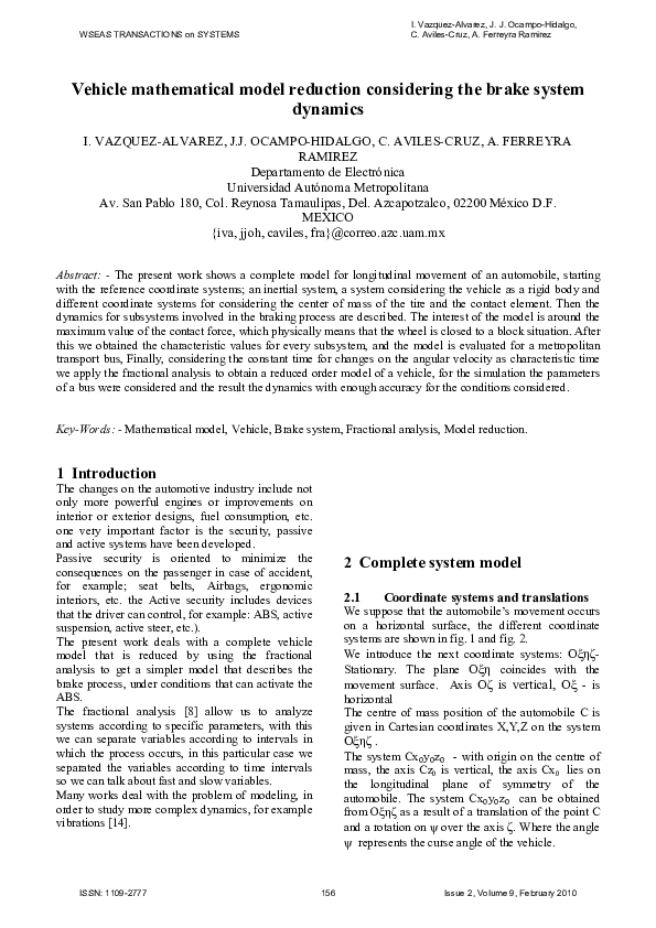 (PDF) Vehicle mathematical model reduction considering the brake system ...