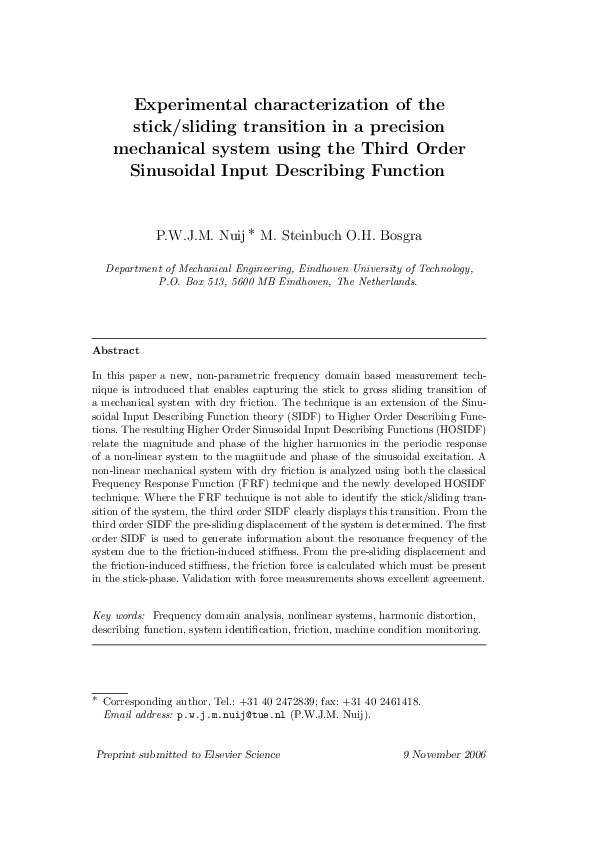 (PDF) Experimental characterization of the stick/sliding transition in a precision mechanical ...