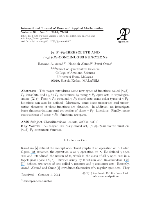 (PDF) (gamma,beta)-P_S-IRRESOLUTE AND (gamma,beta)-P_S-CONTINUOUS FUNCTIONS
