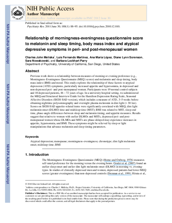 (PDF) Relationship of morningness–eveningness questionnaire score to ...