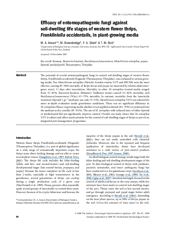 (PDF) Efficacy of entomopathogenic fungi against soil-dwelling life stages of western flower ...