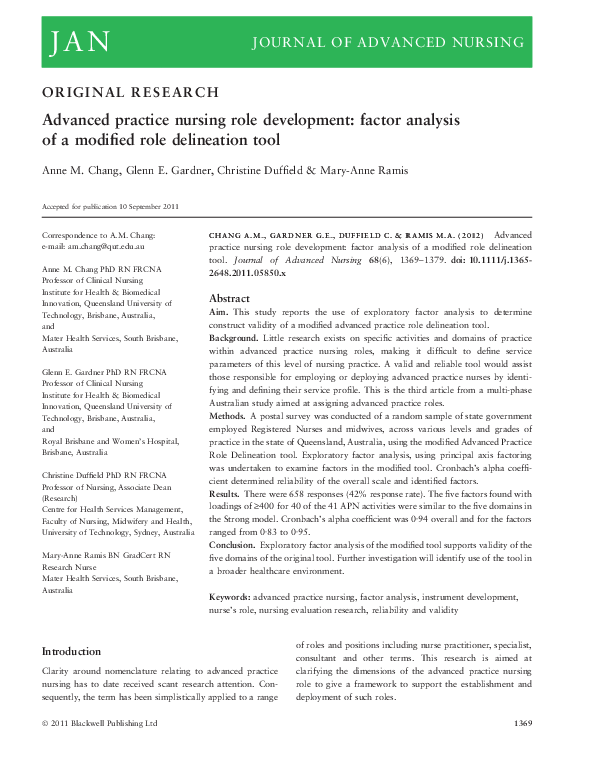 (PDF) Advanced practice nursing role development: factor analysis of a modified role delineation ...