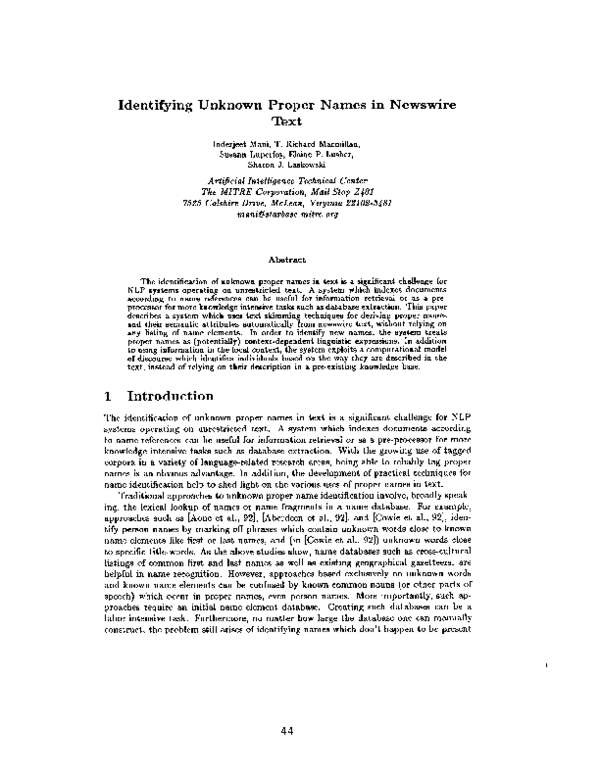 (PDF) Identifying Unknown Proper Names in Text