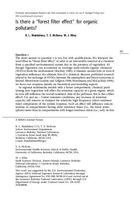 (PDF) Is there a “forest filter effect” for organic pollutants?
