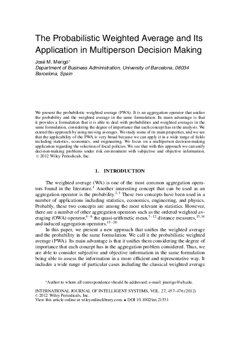 (PDF) The probabilistic weighted average and its application in multiperson decision making