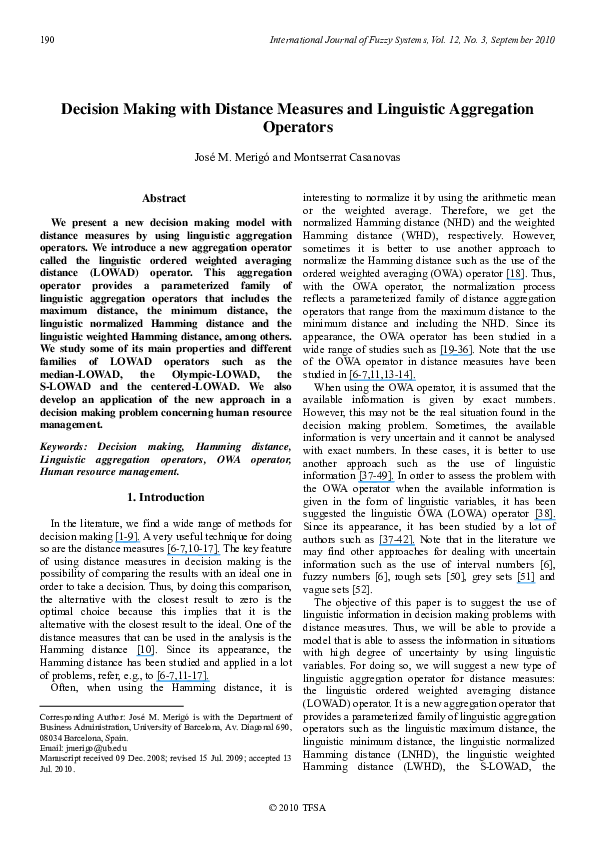 (PDF) Decision-making with distance measures and induced aggregation operators