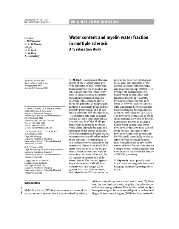 (PDF) Water content and myelin water fraction in multiple sclerosis