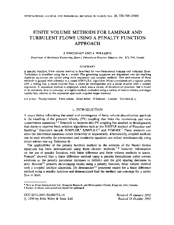 (PDF) Finite volume methods for laminar and turbulent flows using a penalty function approach