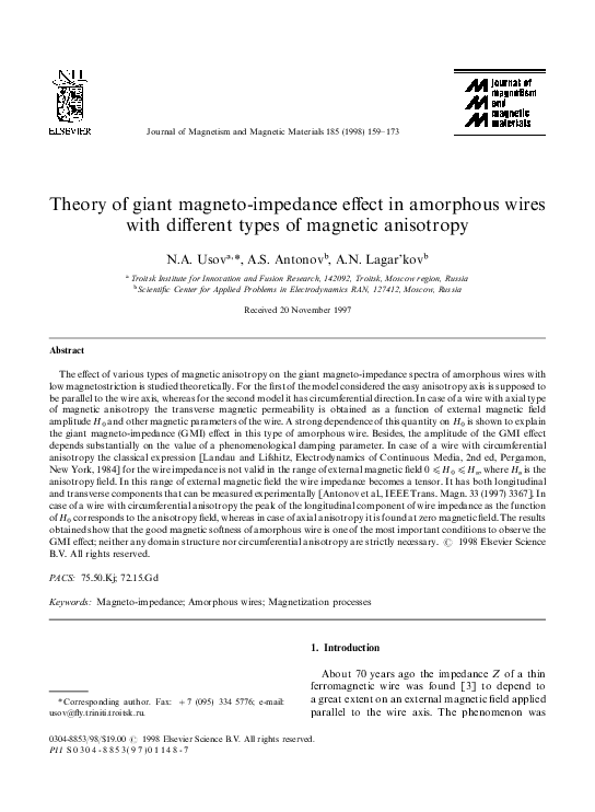 (PDF) Giant magneto‐impedance effect in nanostructured magnetic wires | Pilar Marin - Academia.edu