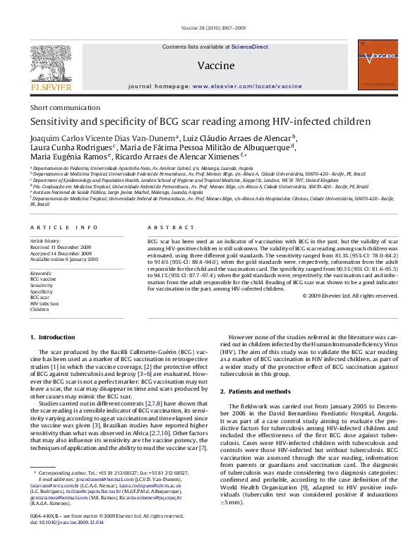 (PDF) Sensitivity and specificity of BCG scar reading among HIV ...