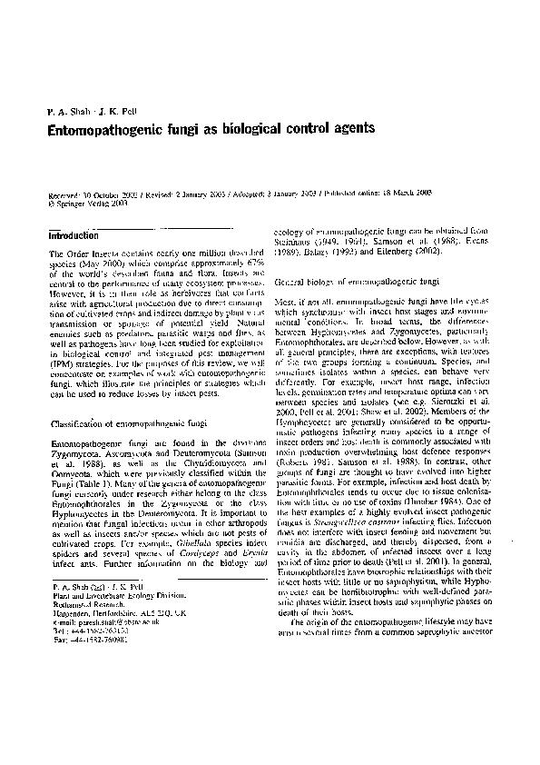 (PDF) Entomopathogenic fungi as biological control agents