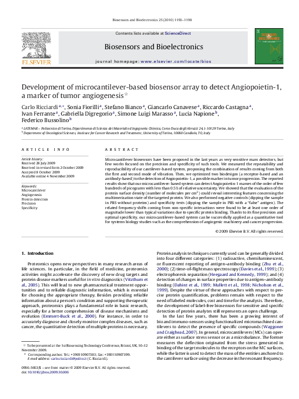 (PDF) Development of microcantilever-based biosensor array to detect Angiopoietin-1, a marker of ...