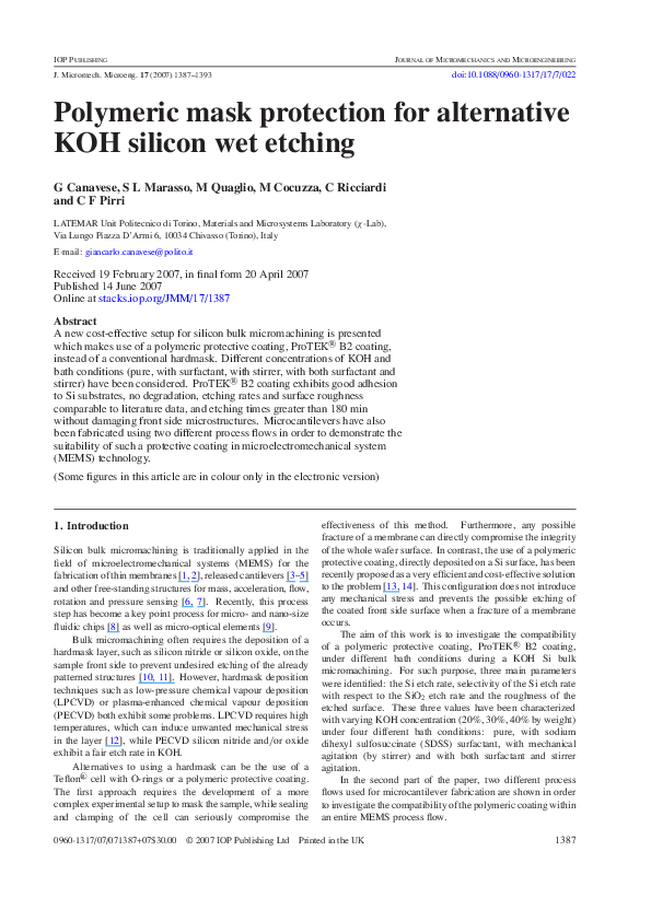 (PDF) Polymeric mask protection for alternative KOH silicon wet etching