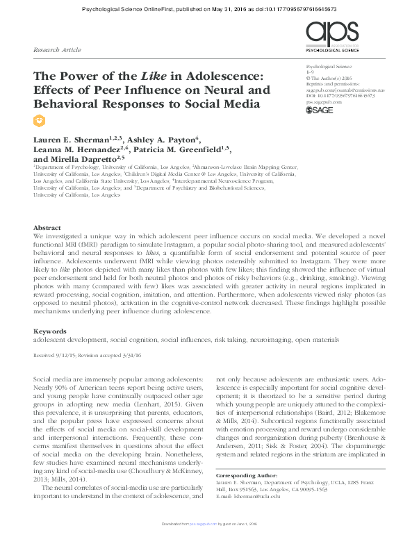 (PDF) The Power of the Like in Adolescence: Effects of Peer Influence ...