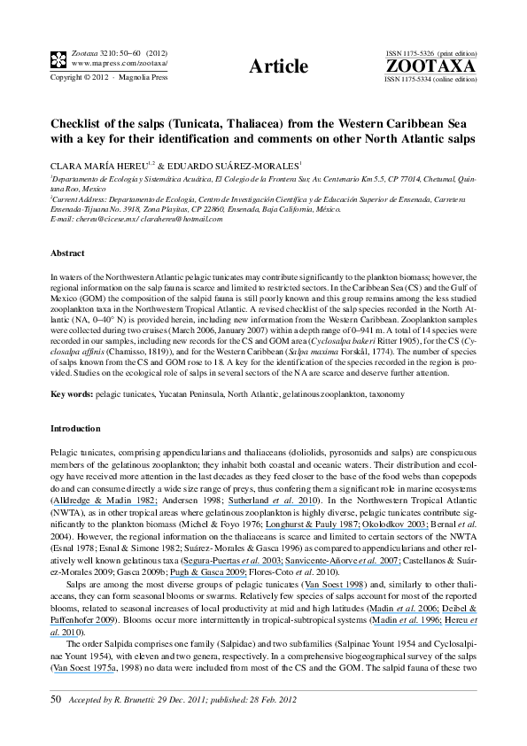 (PDF) Checklist of the salps (Tunicata, Thaliacea) from the Western ...