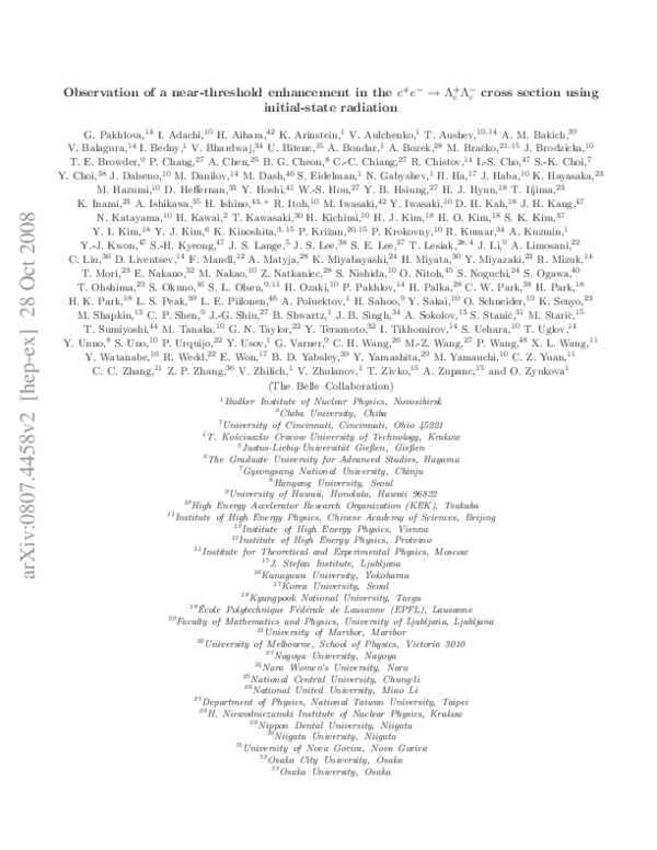 (PDF) Observation of a Near-Threshold Enhancement in the e+e-→Λc+Λc- Cross Section Using Initial ...