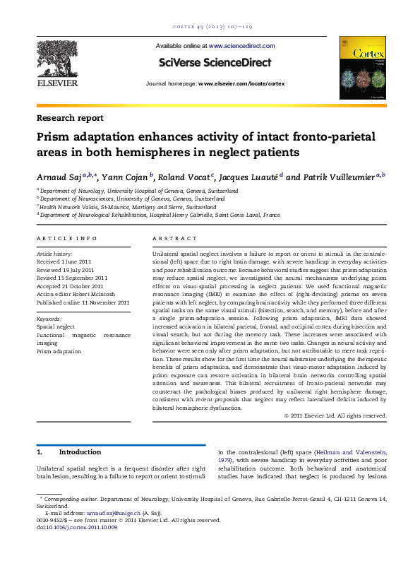 (PDF) Prism adaptation enhances activity of intact fronto-parietal areas in both hemispheres in ...