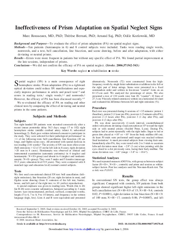 (PDF) Ineffectiveness of prism adaptation on spatial neglect signs