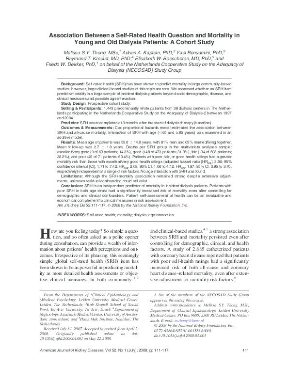 (PDF) Association Between a Self-Rated Health Question and Mortality in ...