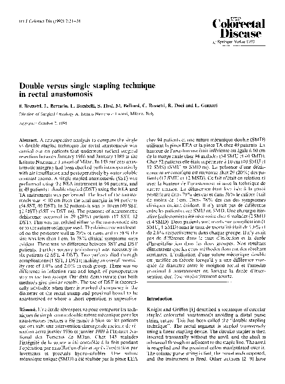 (PDF) Double versus single stapling technique in rectal anastomosis