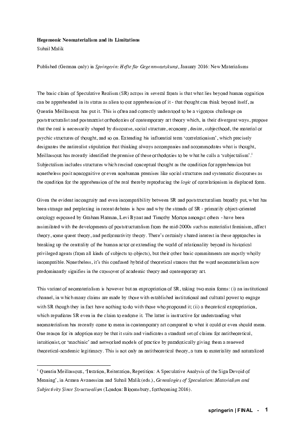 (PDF) Hegemonic Neomaterialism and its Limitations (2016)