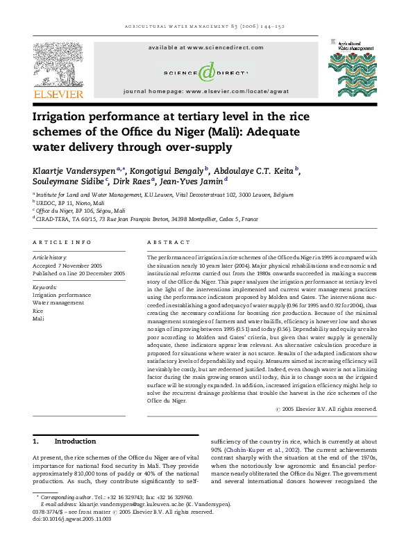 (PDF) Irrigation performance at tertiary level in the rice schemes of ...