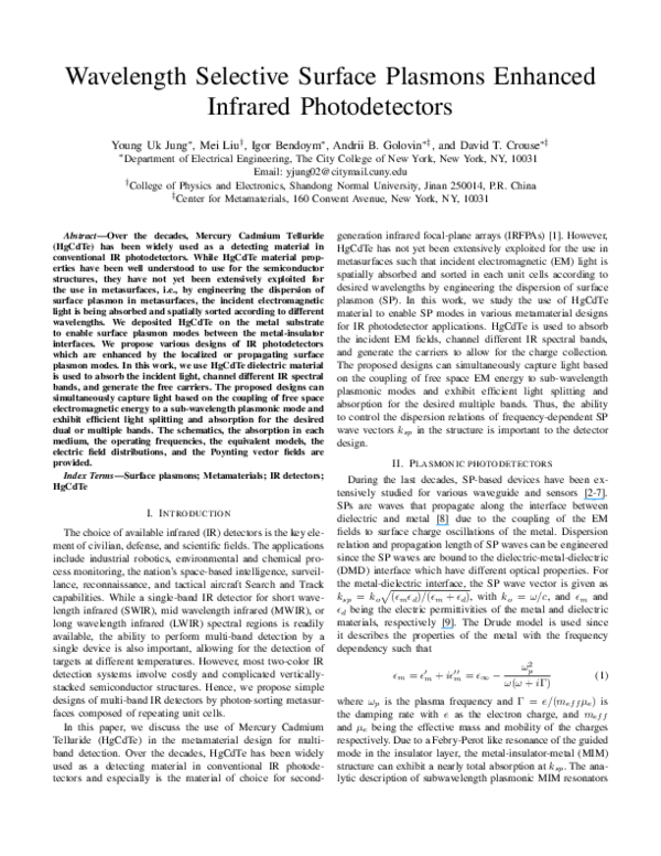 (PDF) Wavelength selective surface plasmons enhanced infrared photodetectors