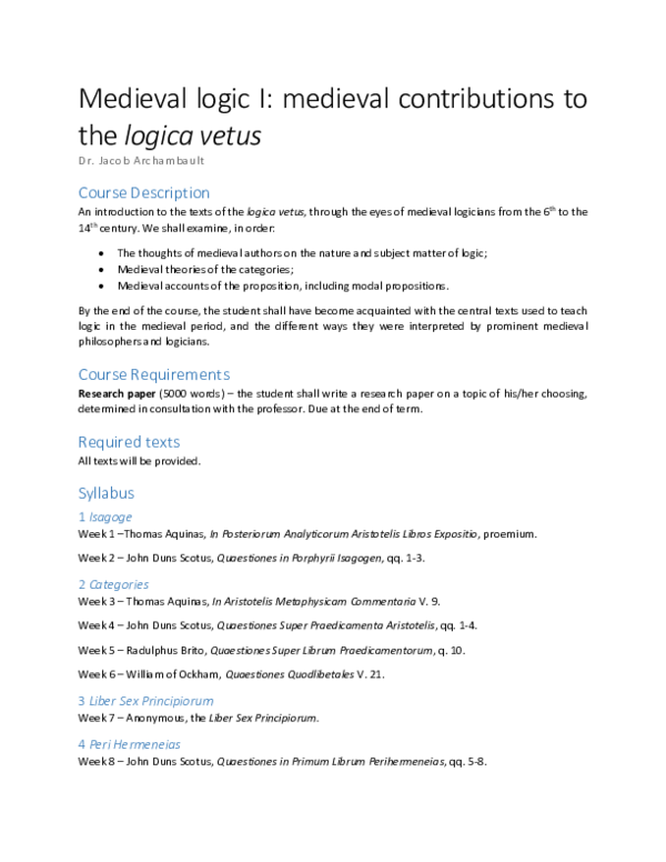 (PDF) Medieval logic I: medieval contributions to the logica vetus syllabus