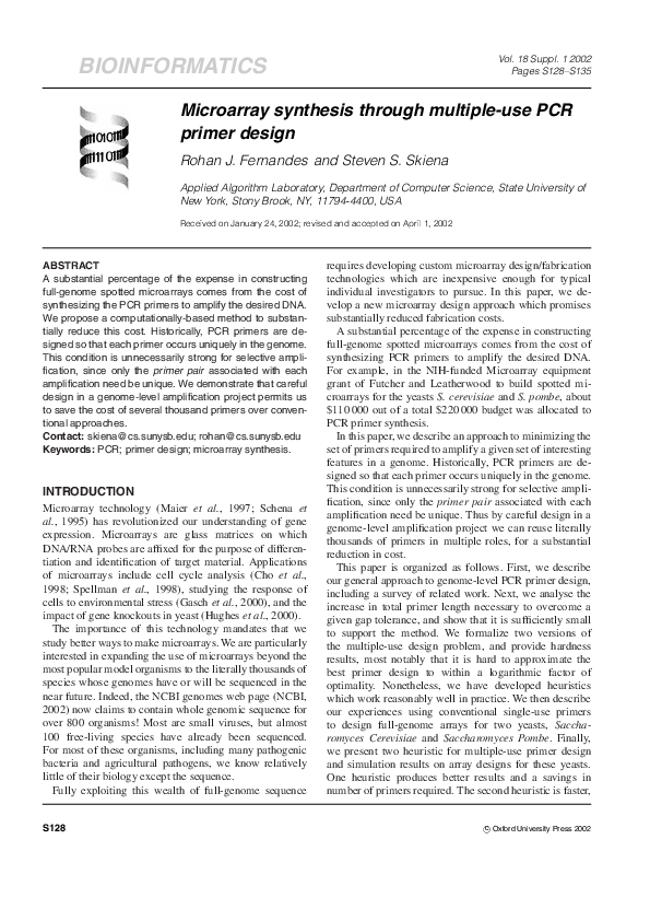 (PDF) Microarray synthesis through multiple-use PCR primer design