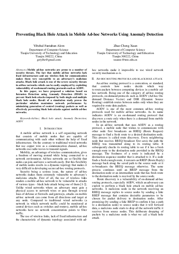 (PDF) Preventing black hole attack in mobile ad-hoc networks using Anomaly Detection