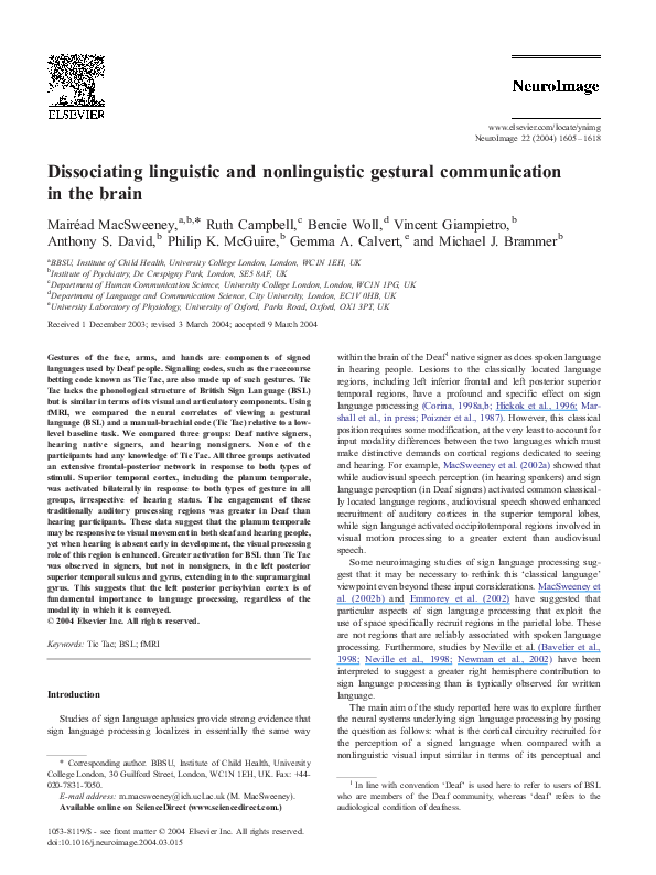 (PDF) Dissociating linguistic and non-linguistic gesture processing ...