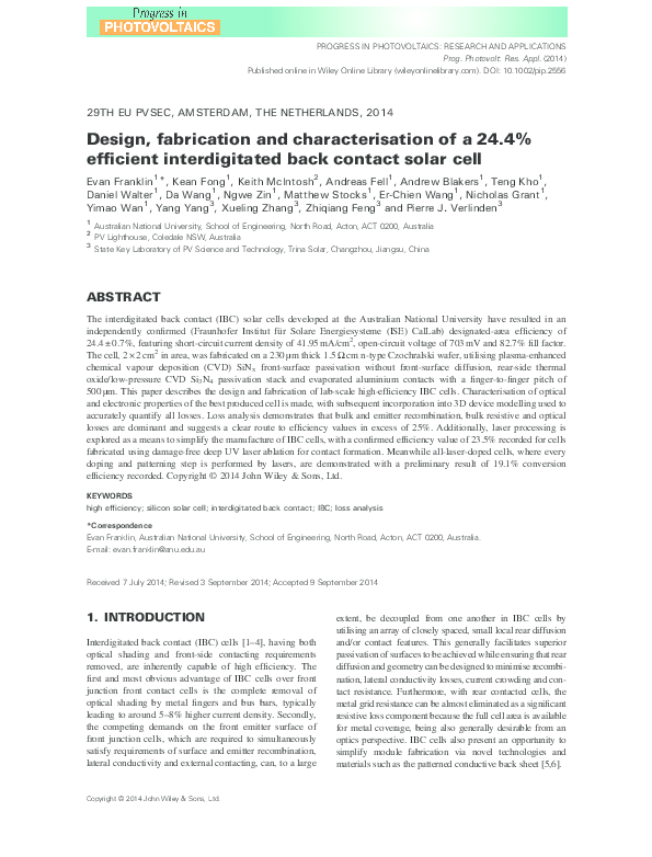 (PDF) Design, fabrication and characterisation of a 24.4% efficient interdigitated back contact ...