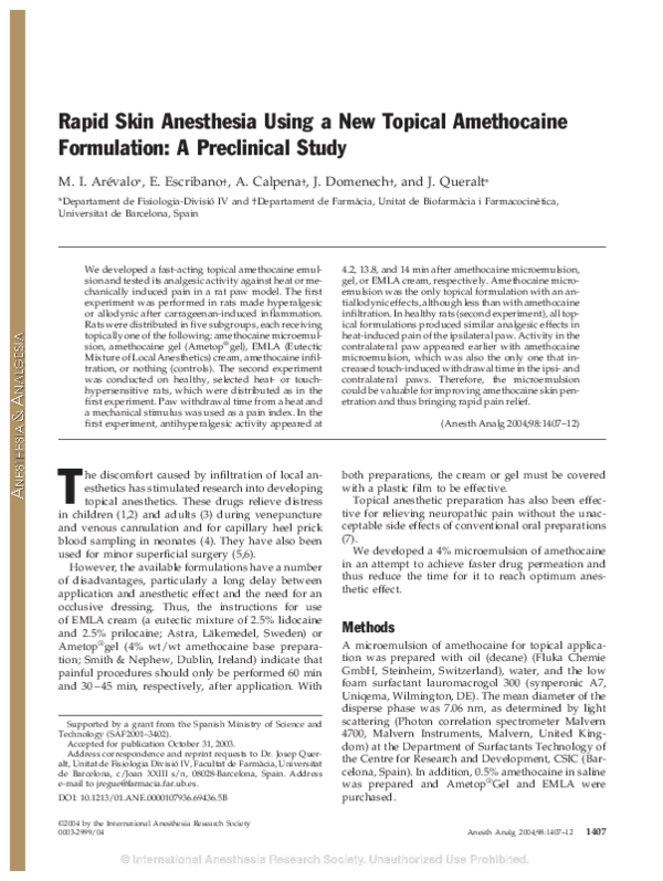 (PDF) Rapid Skin Anesthesia Using a New Topical Amethocaine Formulation ...