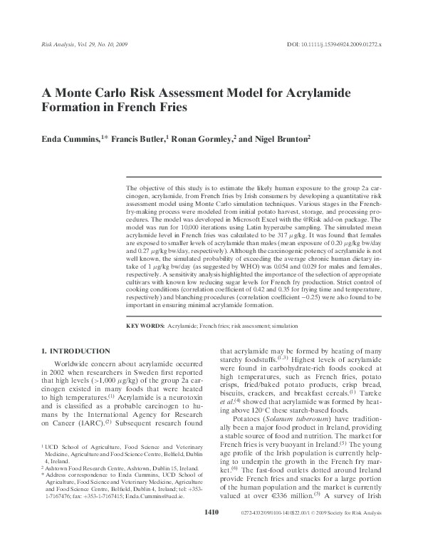 (PDF) A Monte Carlo Risk Assessment Model for Acrylamide Formation in ...